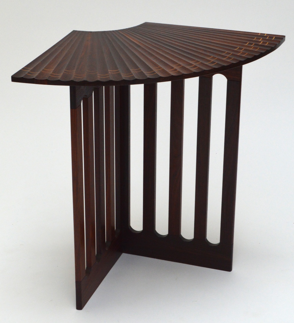 ALAN PETERS (1933-2009); a rosewood and satin wood inlaid fan shaped ...