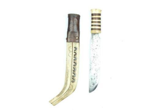 A Lapland (Sami) Reindeer Bone Mounted Knife, 22.5cm heavy blade, the ...