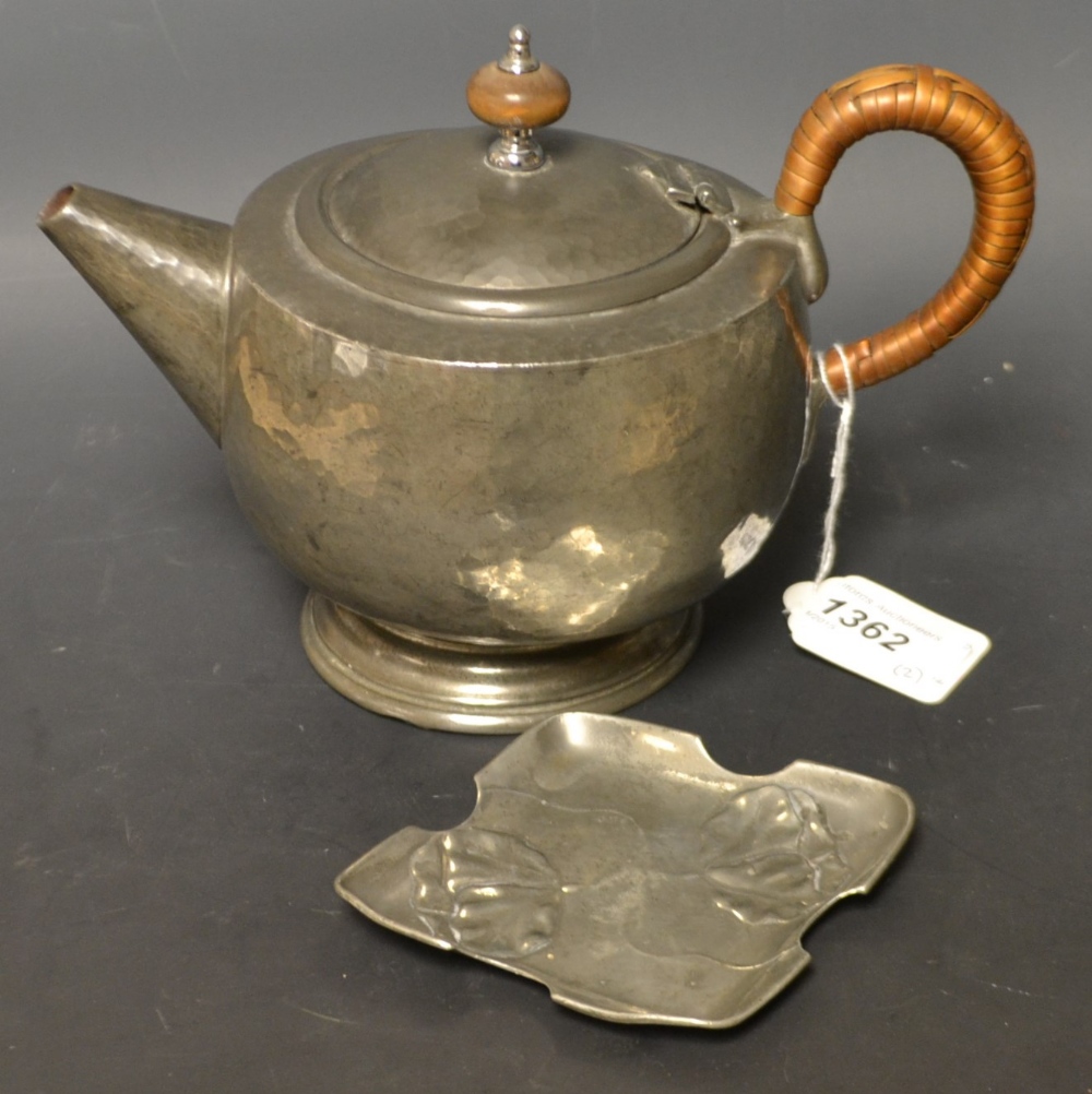A Liberty pewter dish, number 0283; a planished tudric pewter tea pot ...