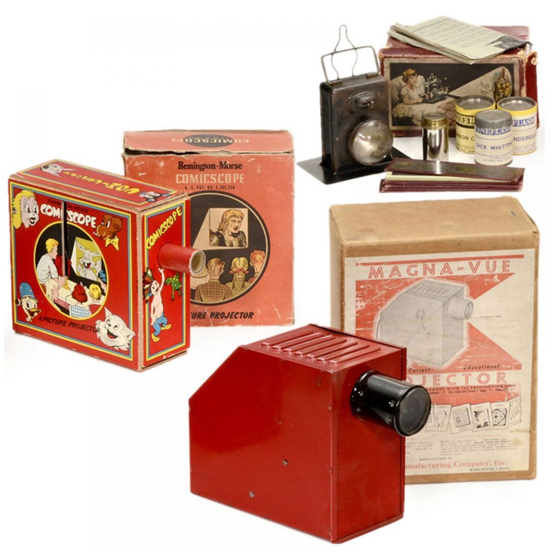 3 Toy Projectors, c. 1930 1) Remington-Morse "Comiscope" paper picture ...