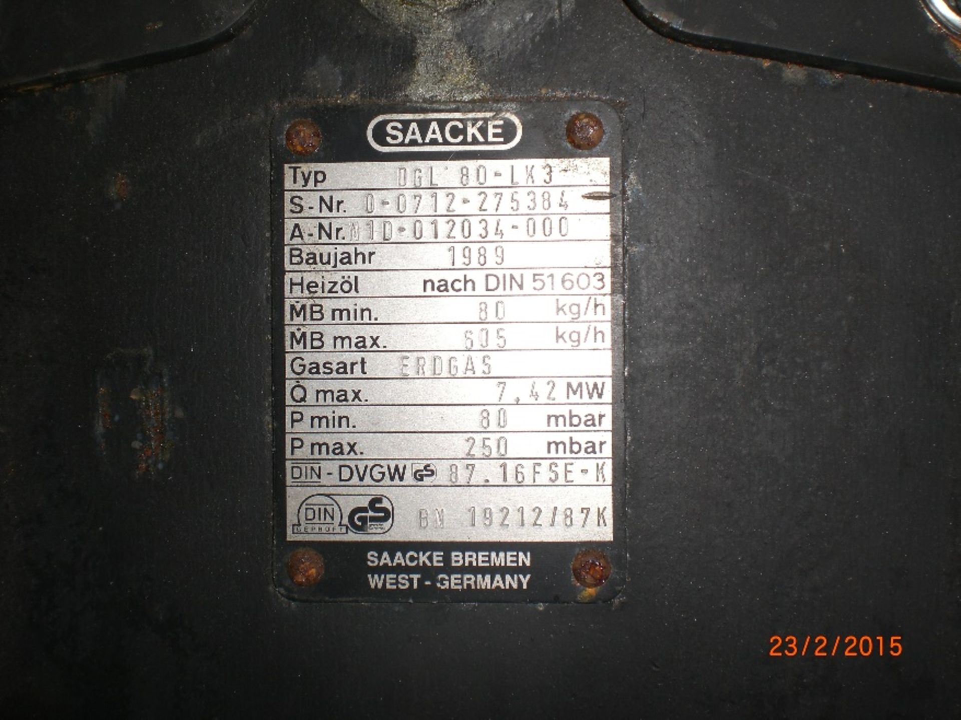 1965 Siller & Jamart gas & oil fired boiler, with 1989 SAACKE type DGL ...
