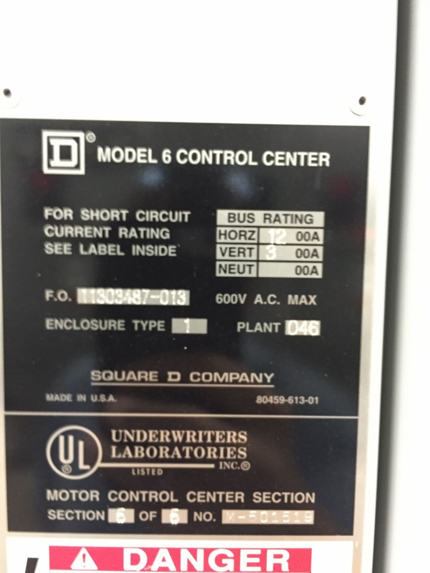 SQUARE D 600V-AC 1200A MODEL 6 MOTOR CONTROL CENTER 5 SECTION 22 ...