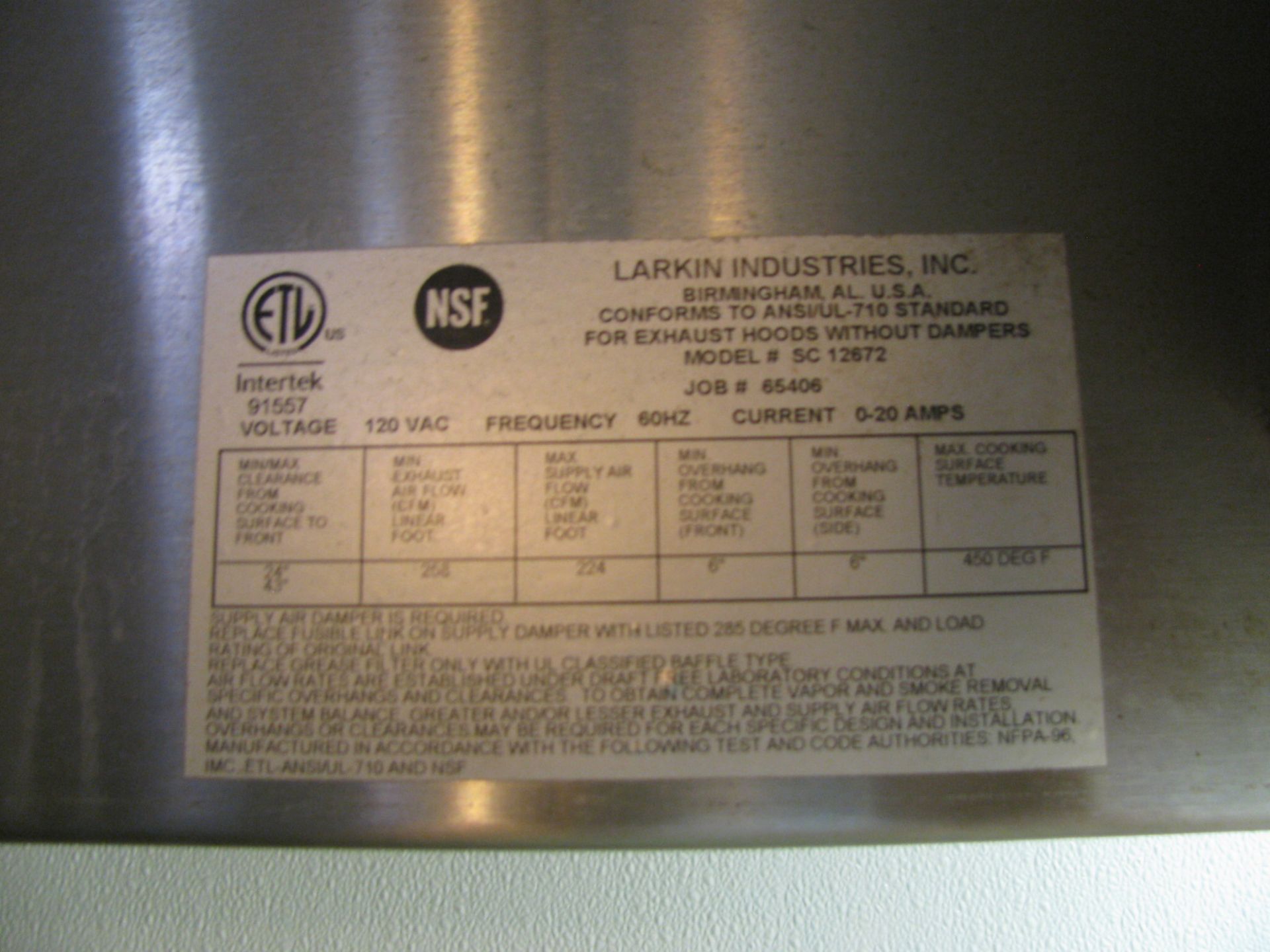 Larkin Commerical Range Hood SC-12 Model 12672