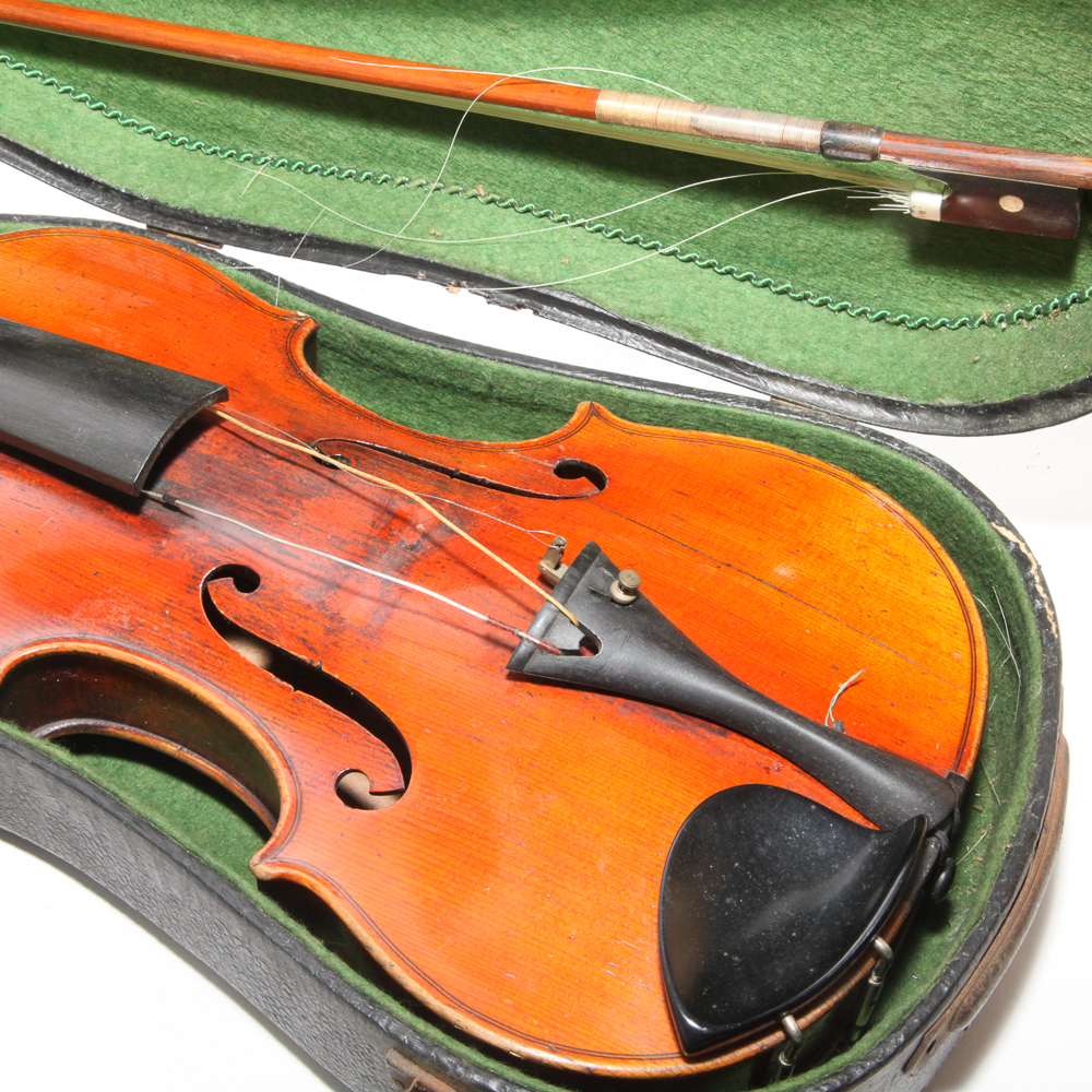 German violin with bow in case, the violin is stamped L Lowendall ...