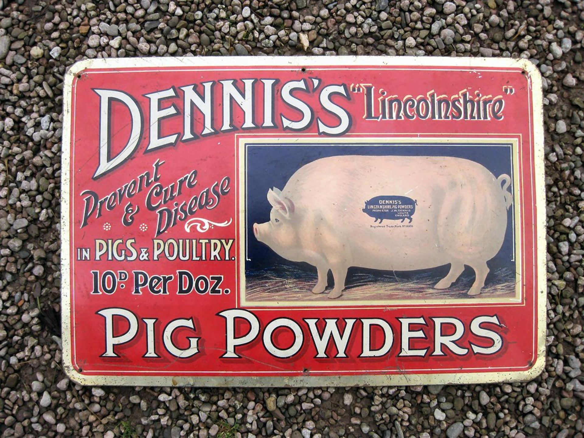 Dennis's Lincolnshire Pig Powders tin sign, a fine pictorial piece