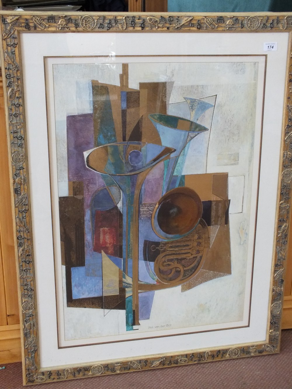 Isa Van Der Zee, coloured and gilt print of musical instruments in ...