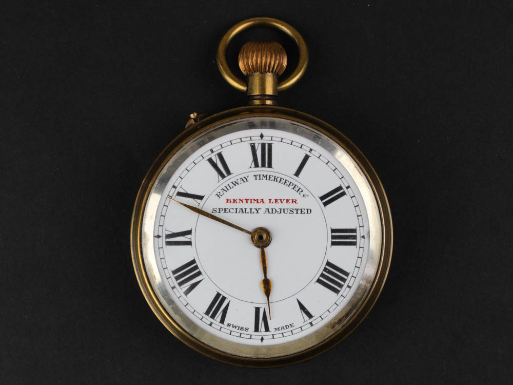 Brass cased Bentima Lever Railway Timekeeper open faced pocket watch ...
