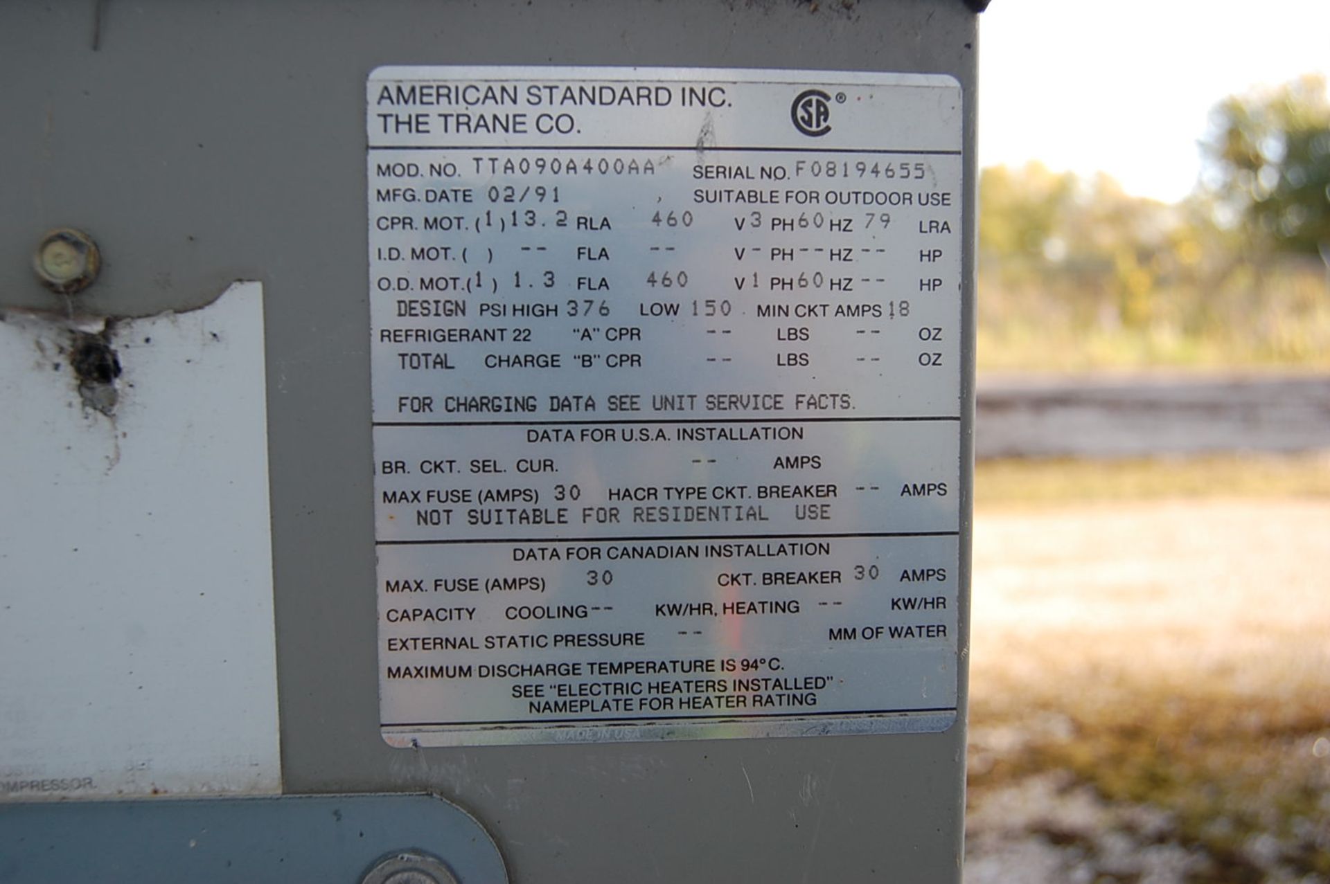 Trane Model# TTA090A400AA Air Conditioning Unit, Serial# F08194655 ...