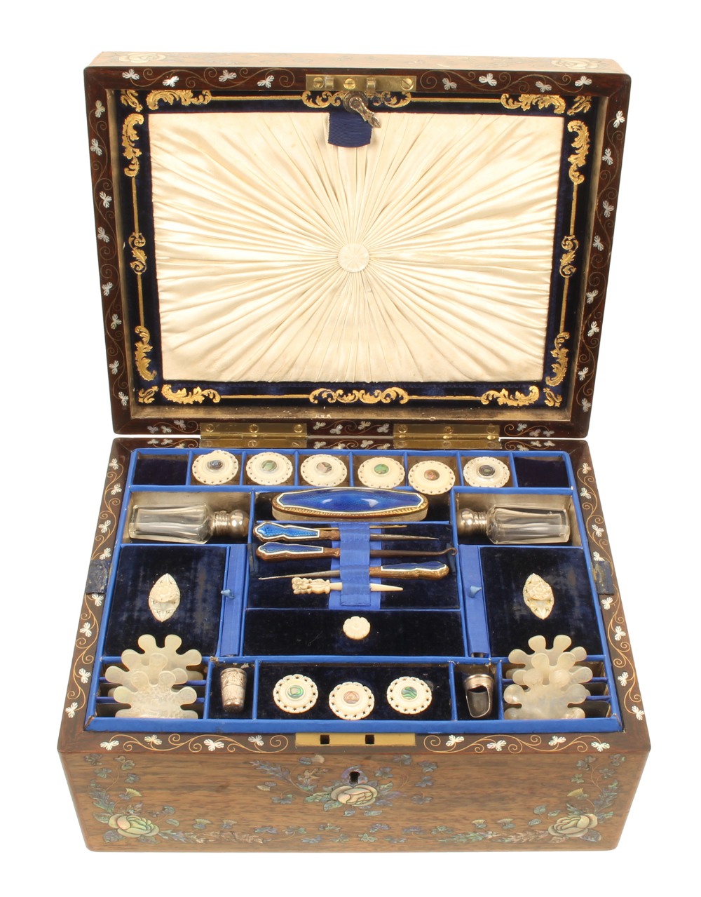A fine rosewood and inlaid wire, mother of pearl and abalone shell ...
