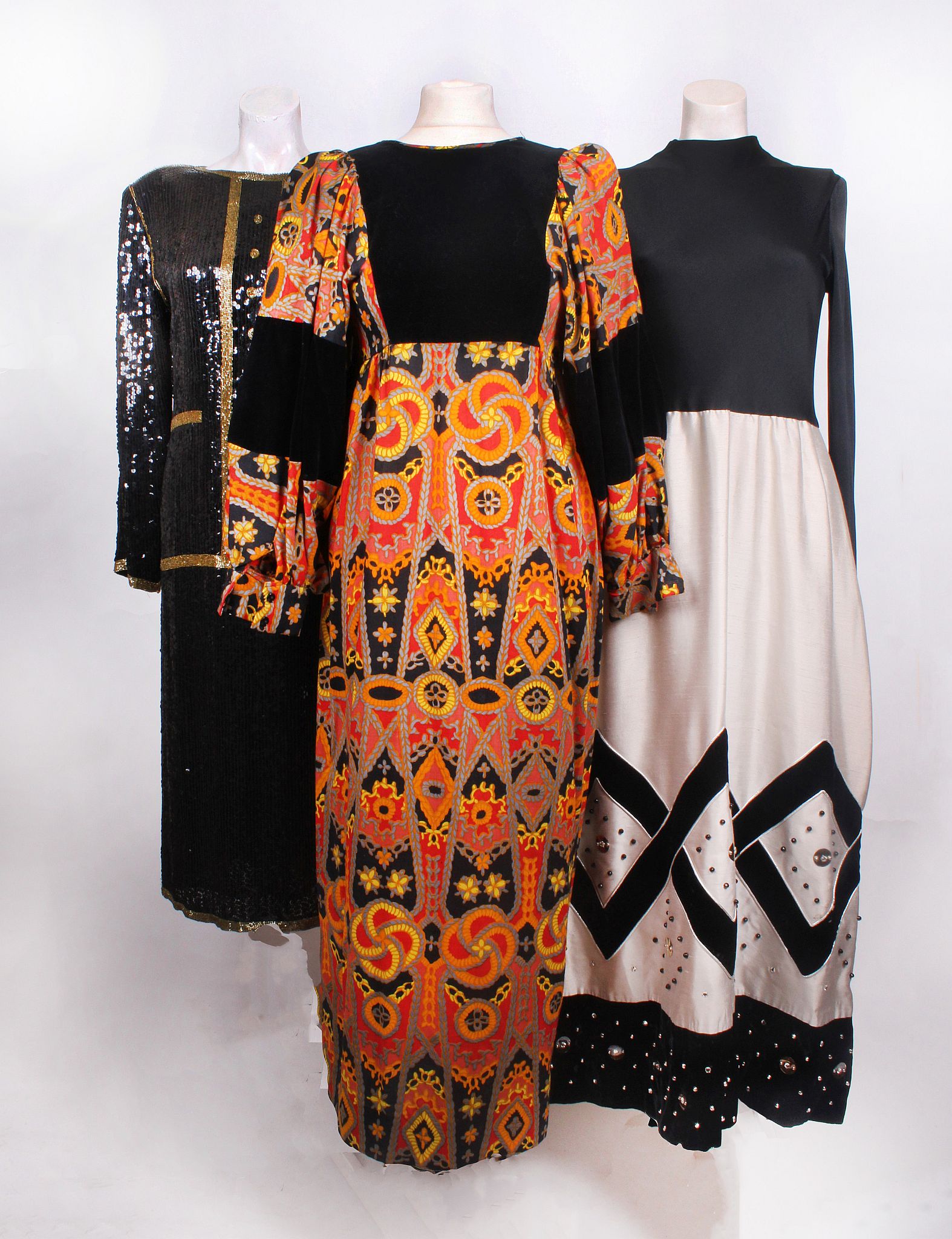 Three cocktail dresses, including 1970s Louis Caring, with velvet ...