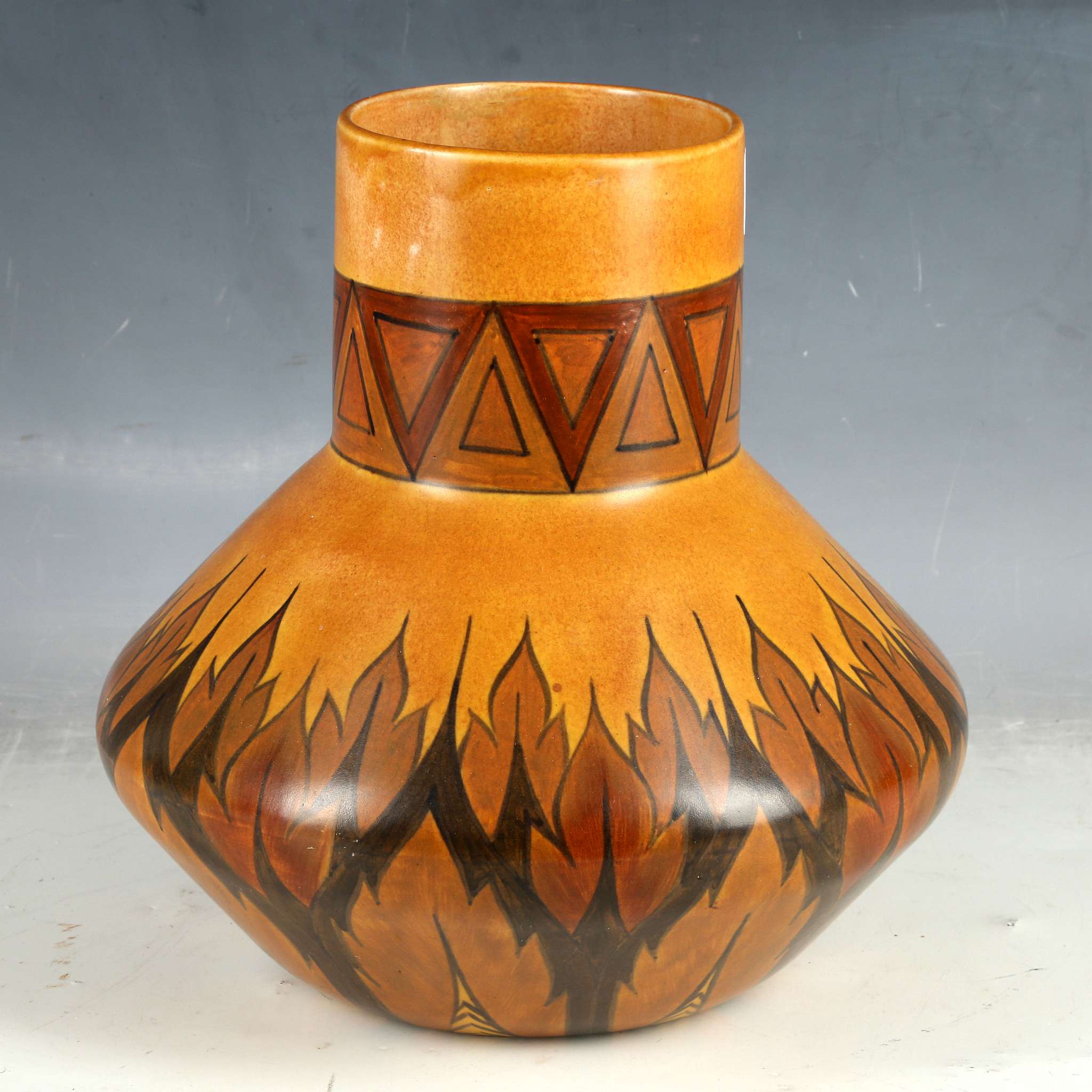 A Clews & Co, Chameleon Ware vase c.1930s, hand painted with geometric ...