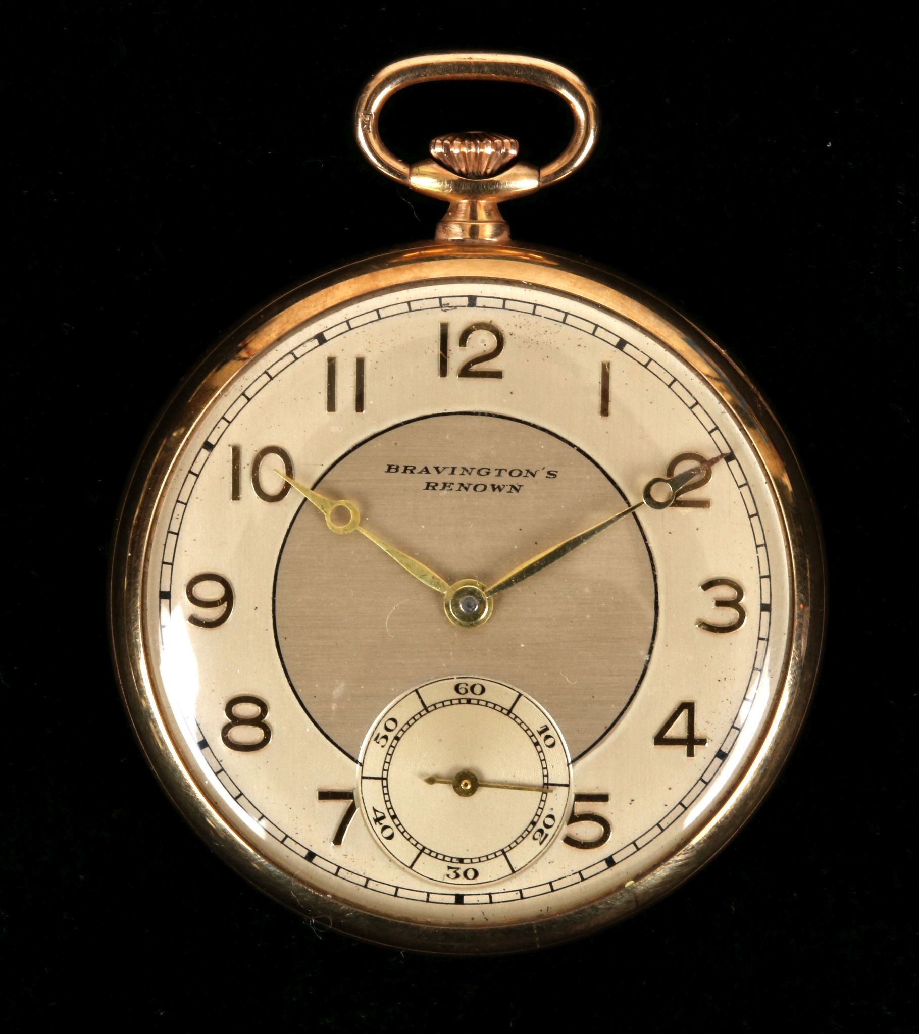 A vintage 9ct gold cased Bravington's Renown open faced pocket watch