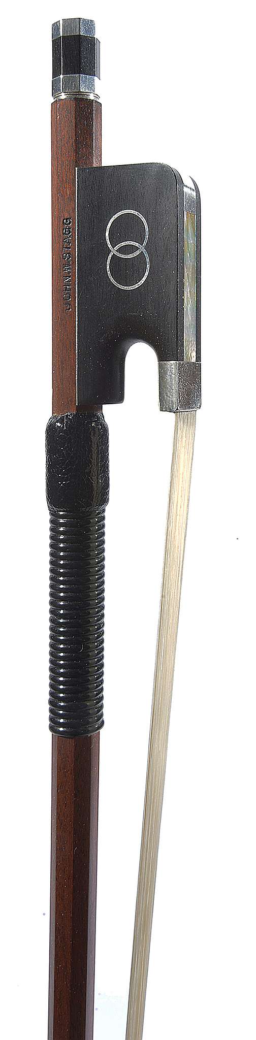 A John Stagg cello bow, the octagonal stick has black lapping leather ...