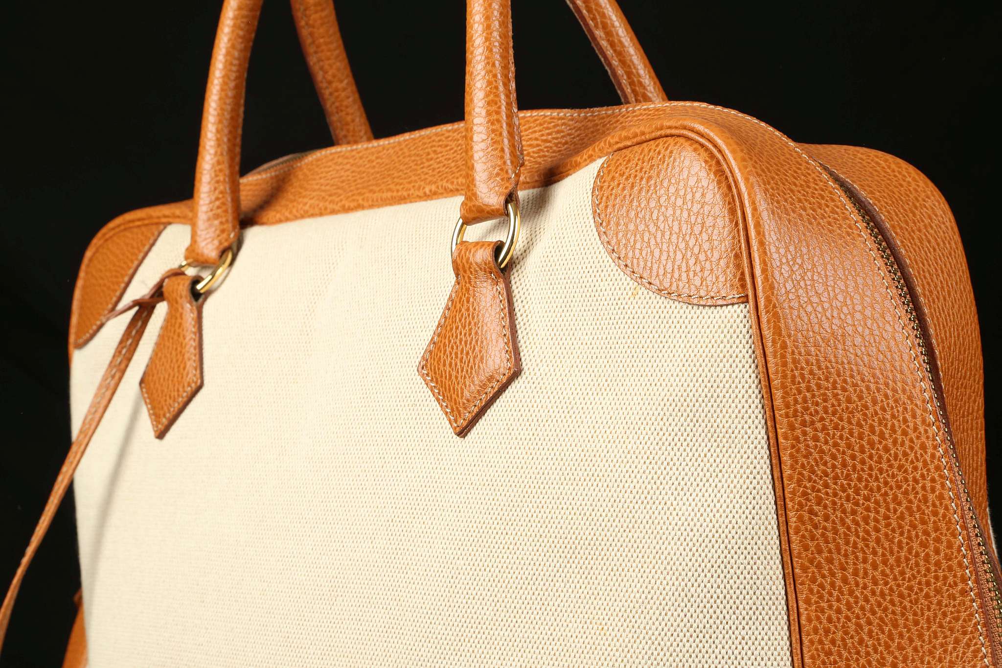 VINTAGE HERMES TRAVEL CASE, tan togo leather and toile, gilt metal lock ...