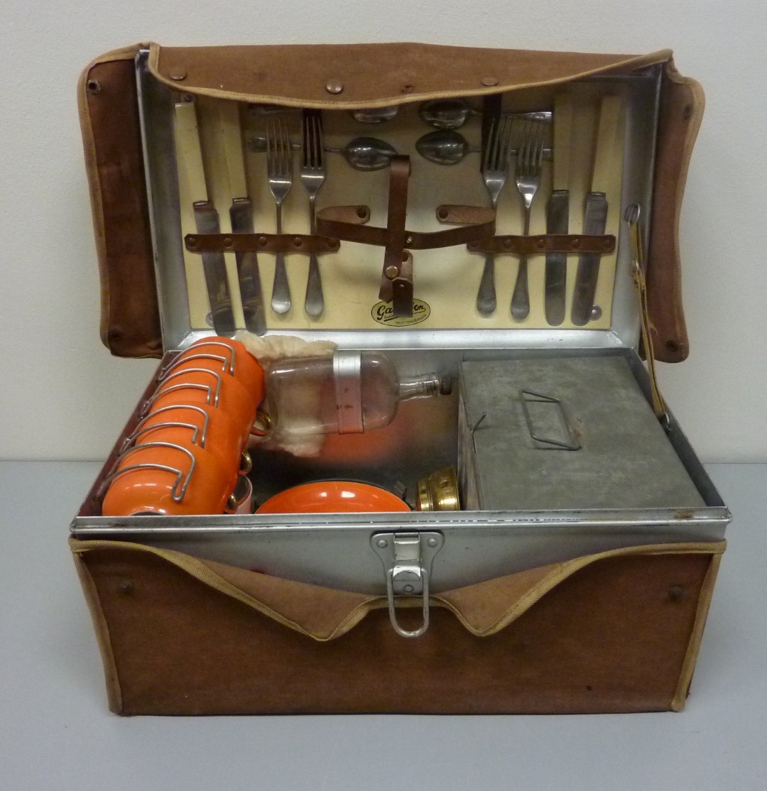 1930s Garrison picnic set in metal trunk with original canvas cover and ...
