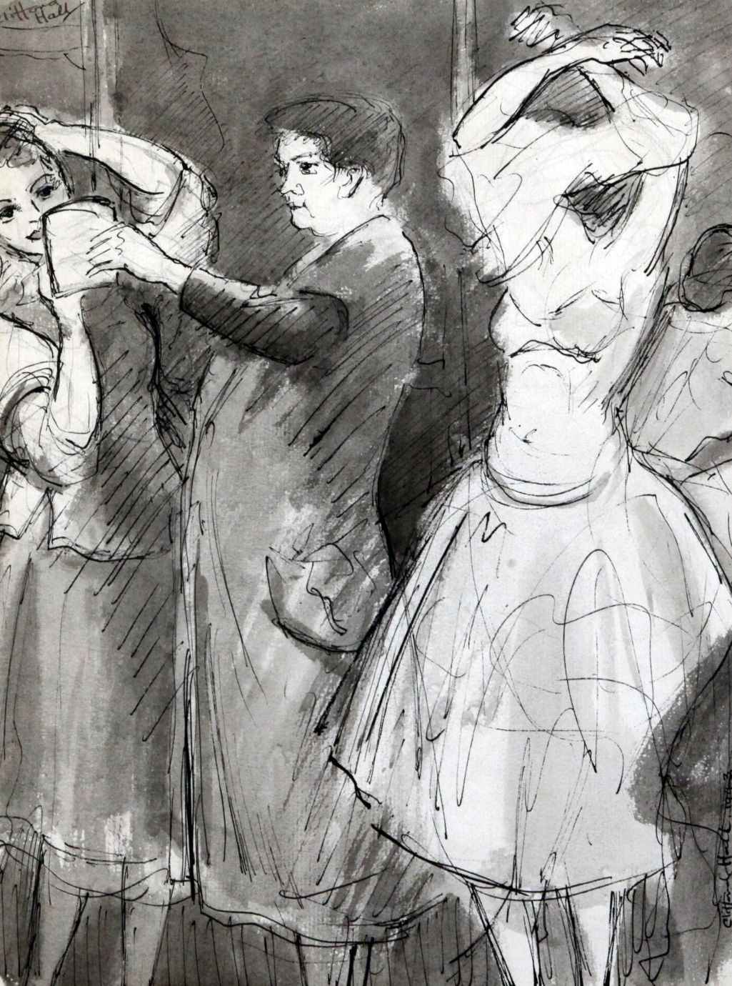 § Clifford Hall (1904-1973)pen, ink and wash,'Dressing room',signed and ...