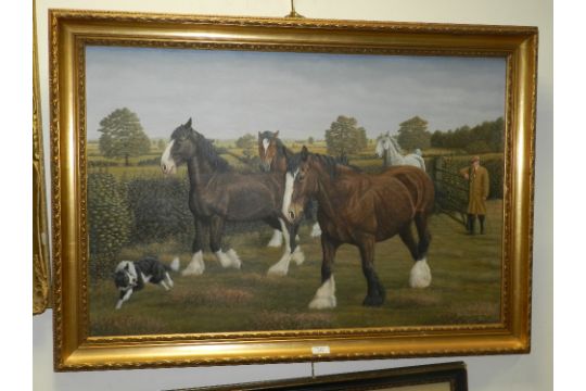 John Brian Evanson, 1982 'Plough horses entering a field' oil on canvas