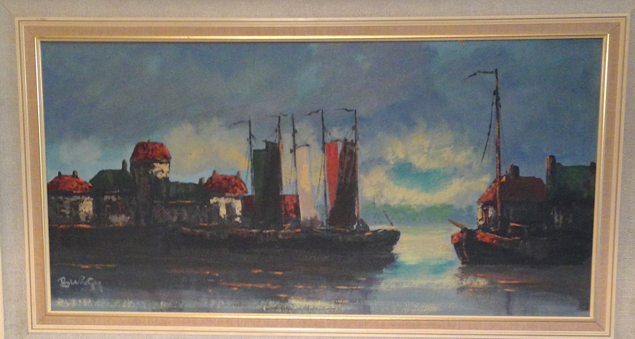 Oil on canvas riverscape signed Burgy, probably American artist F.S