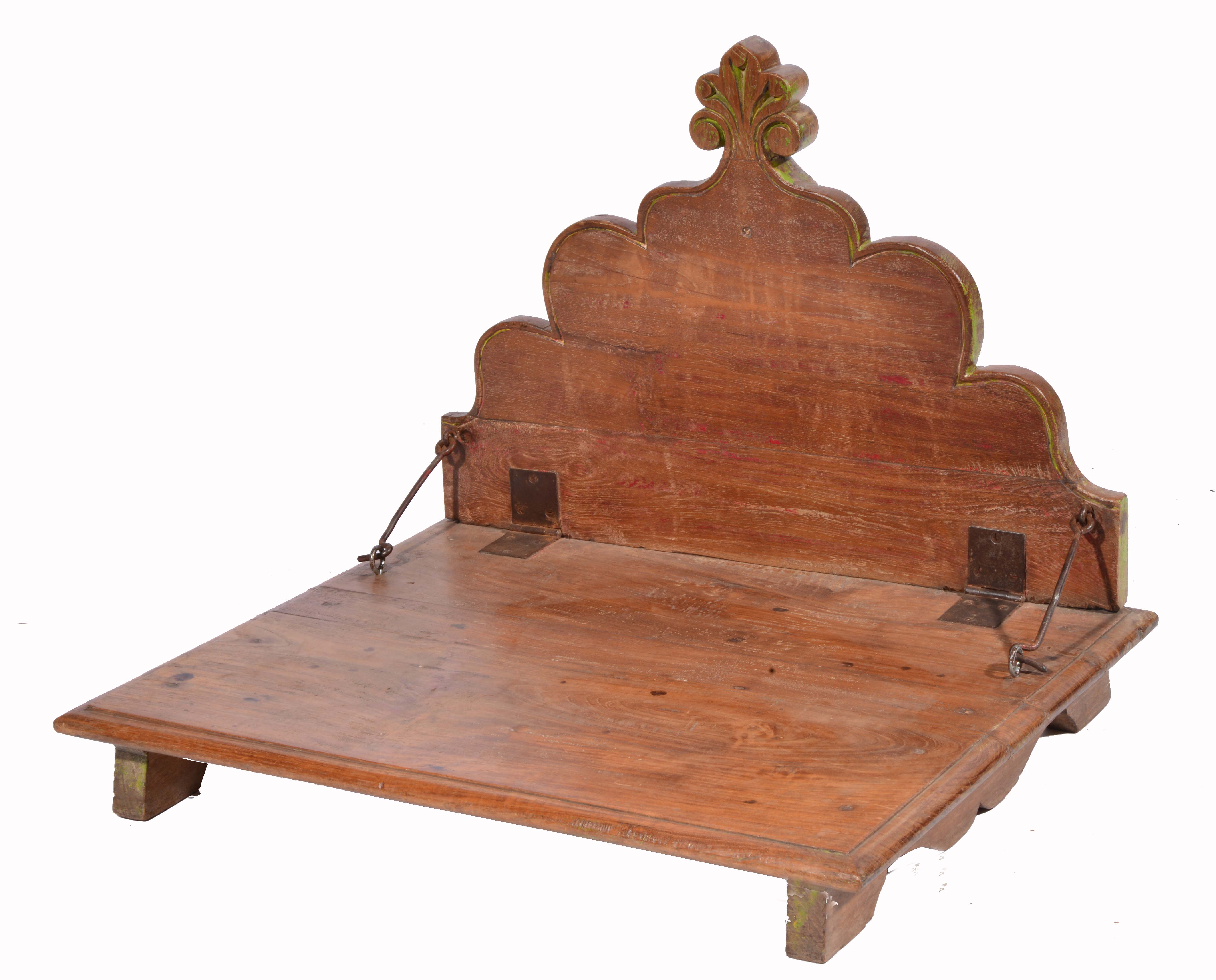 AN ANTIQUE INDIAN SINGHASAN ALTAR TABLE with hinged shaped back and ...