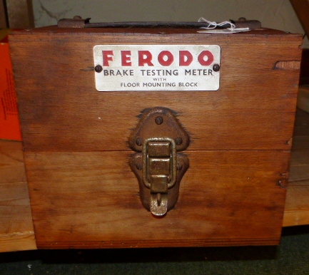 Vintage cased Ferodo brake testing meter with floor mounting block