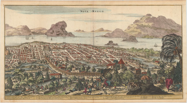 Nova Mexico Dramatic panoramic view of Mexico City in the 17th century ...