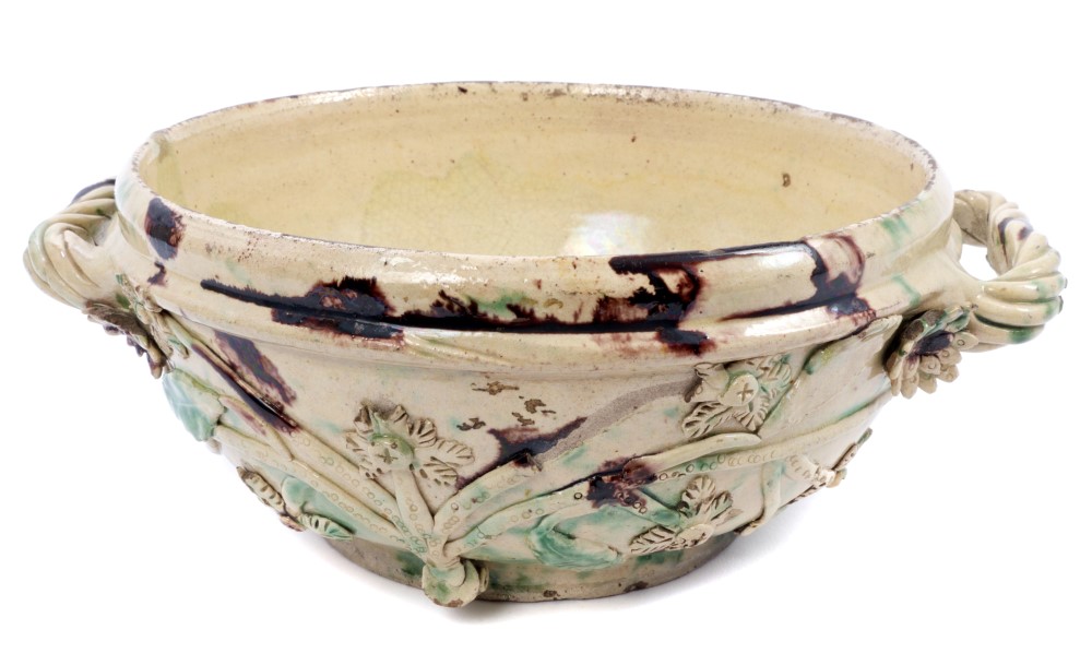19th century Turkish Canakkale pottery two-handled dish with applied ...