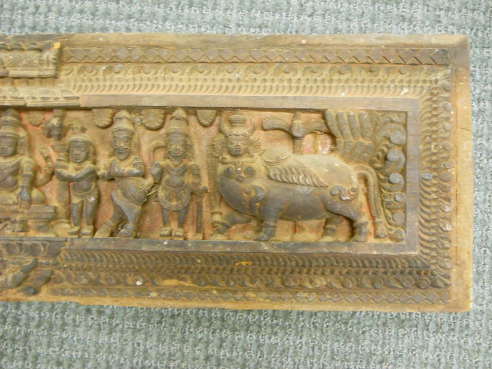 Two Wooden Lintel Friezes, India, one depicting a seated Mithuna couple ...