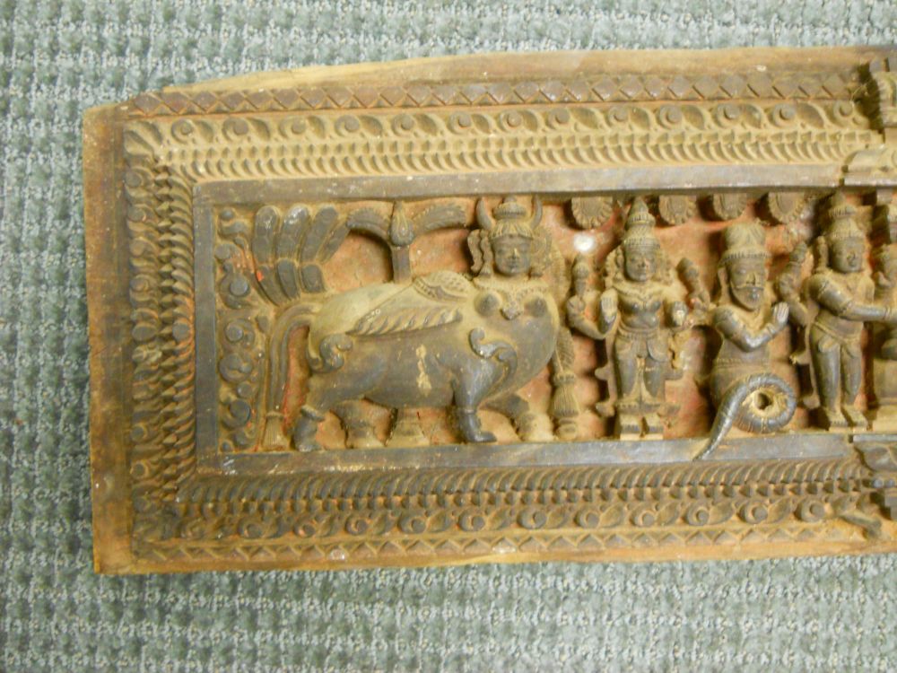 Two Wooden Lintel Friezes, India, one depicting a seated Mithuna couple ...