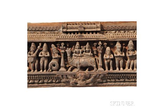 Two Wooden Lintel Friezes, India, one depicting a seated Mithuna couple ...