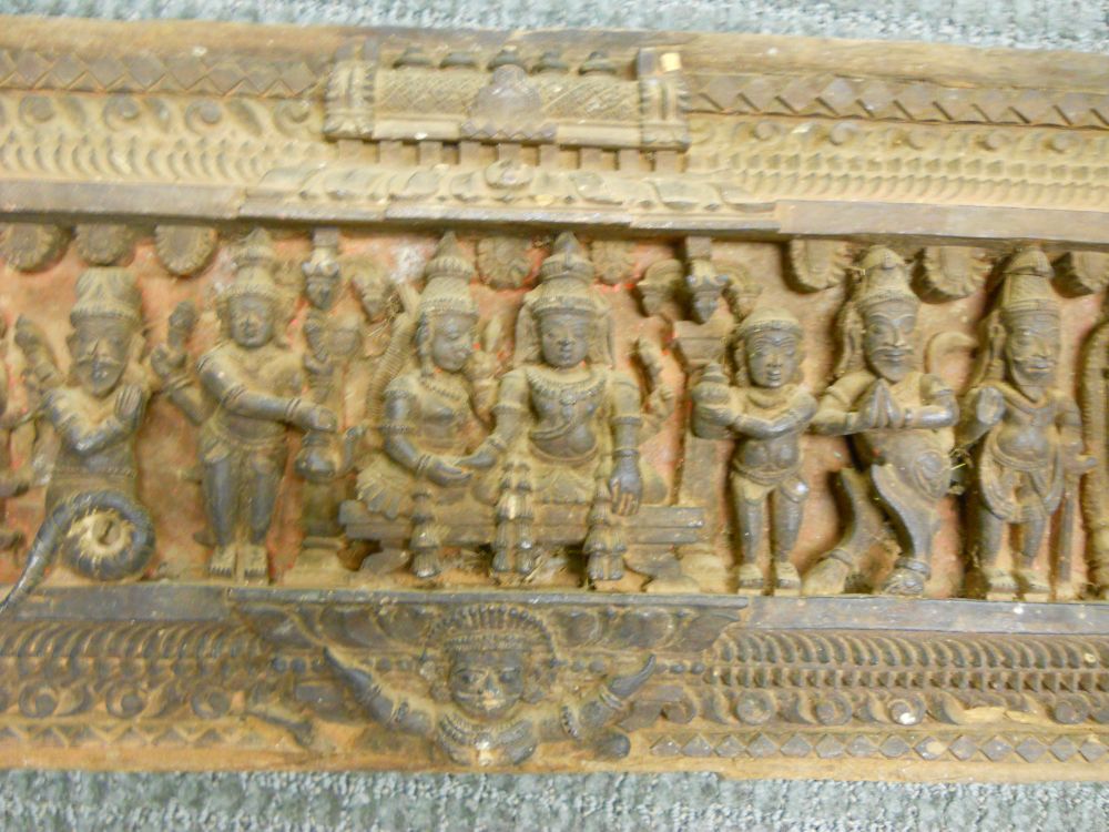 Two Wooden Lintel Friezes, India, one depicting a seated Mithuna couple ...