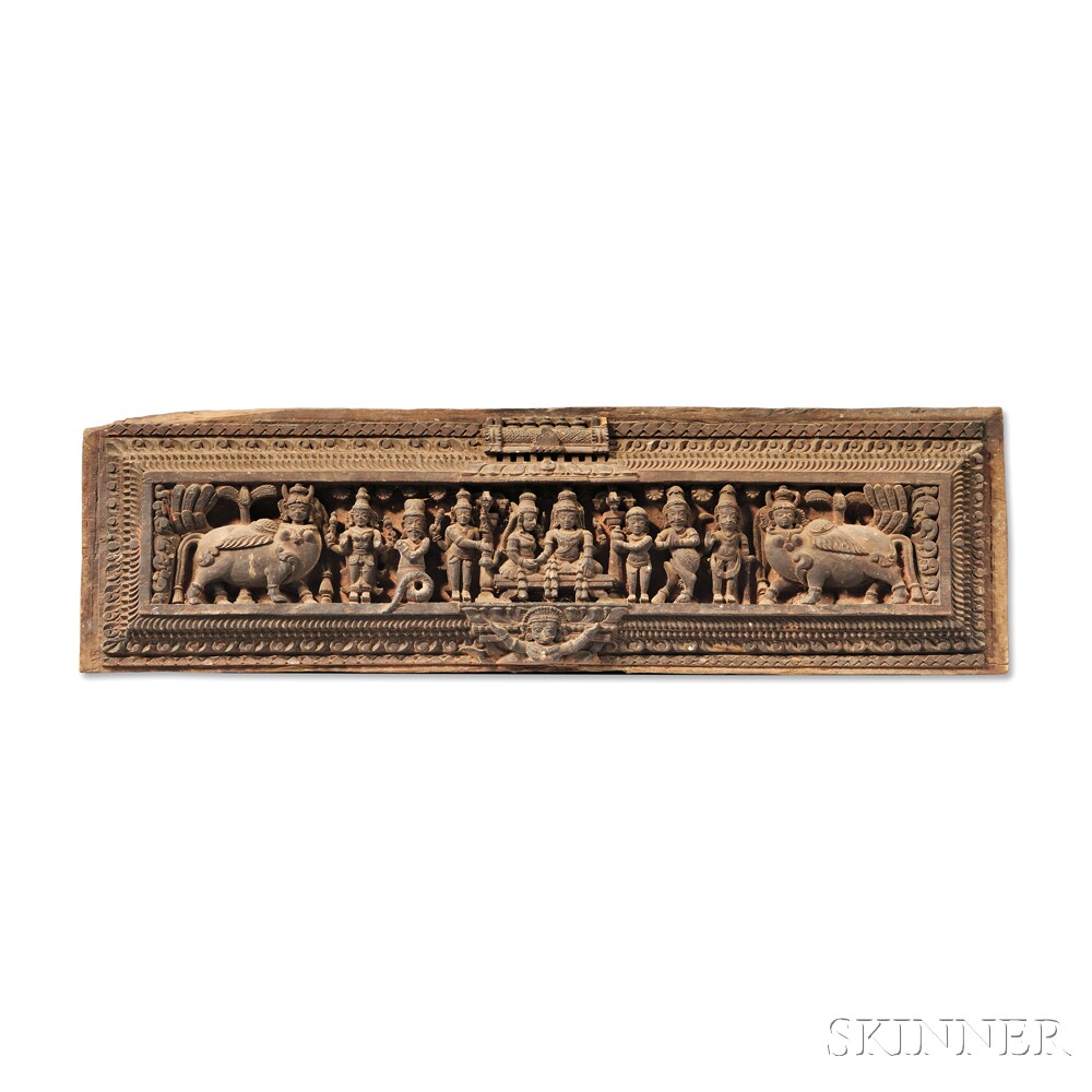 Two Wooden Lintel Friezes, India, one depicting a seated Mithuna couple ...