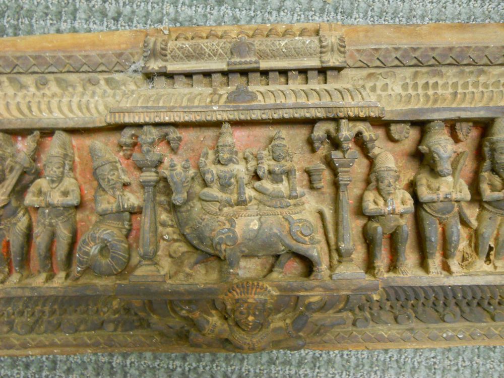 Two Wooden Lintel Friezes, India, one depicting a seated Mithuna couple ...