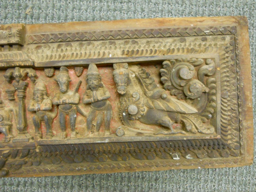 Two Wooden Lintel Friezes, India, one depicting a seated Mithuna couple ...