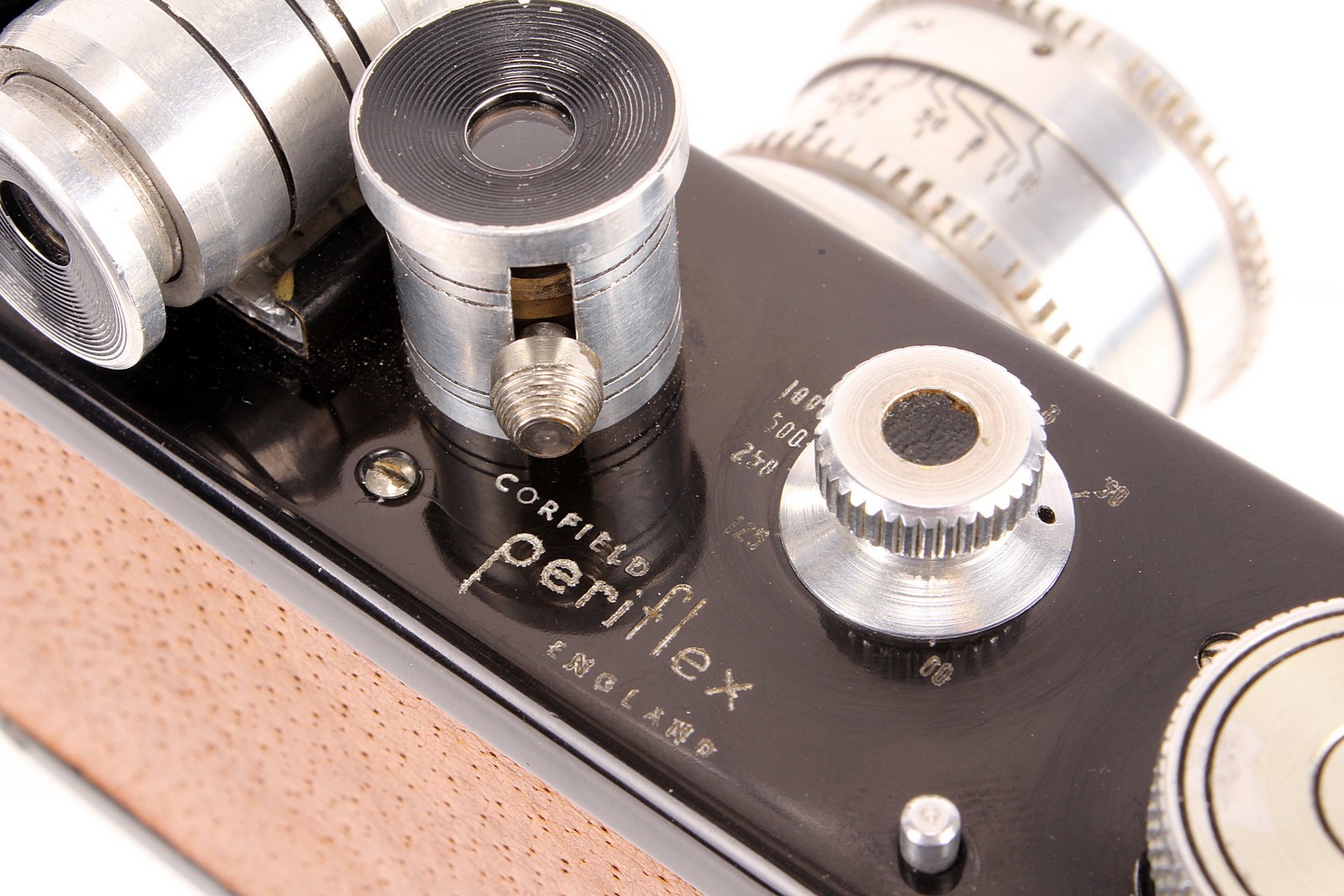 A Corfield Periflex Camera, first version, with brown pigskin covering ...