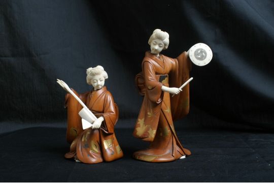 Two Oriental ivory Okimono Japanese wood figures playing musical ...
