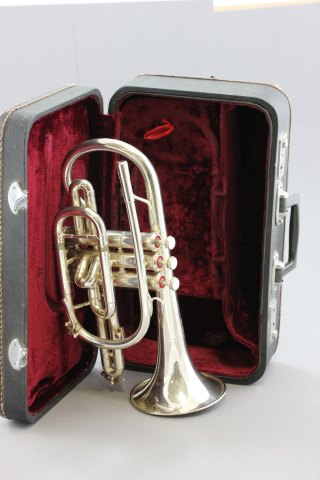 A Cased Lark M4046 Silver Cornet including a Besson 7 mouth piece