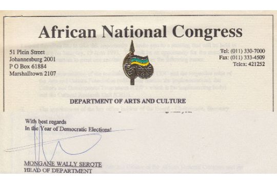Wally Serote Signature on ANC Letterhead, 1993. Letter confirming an ...