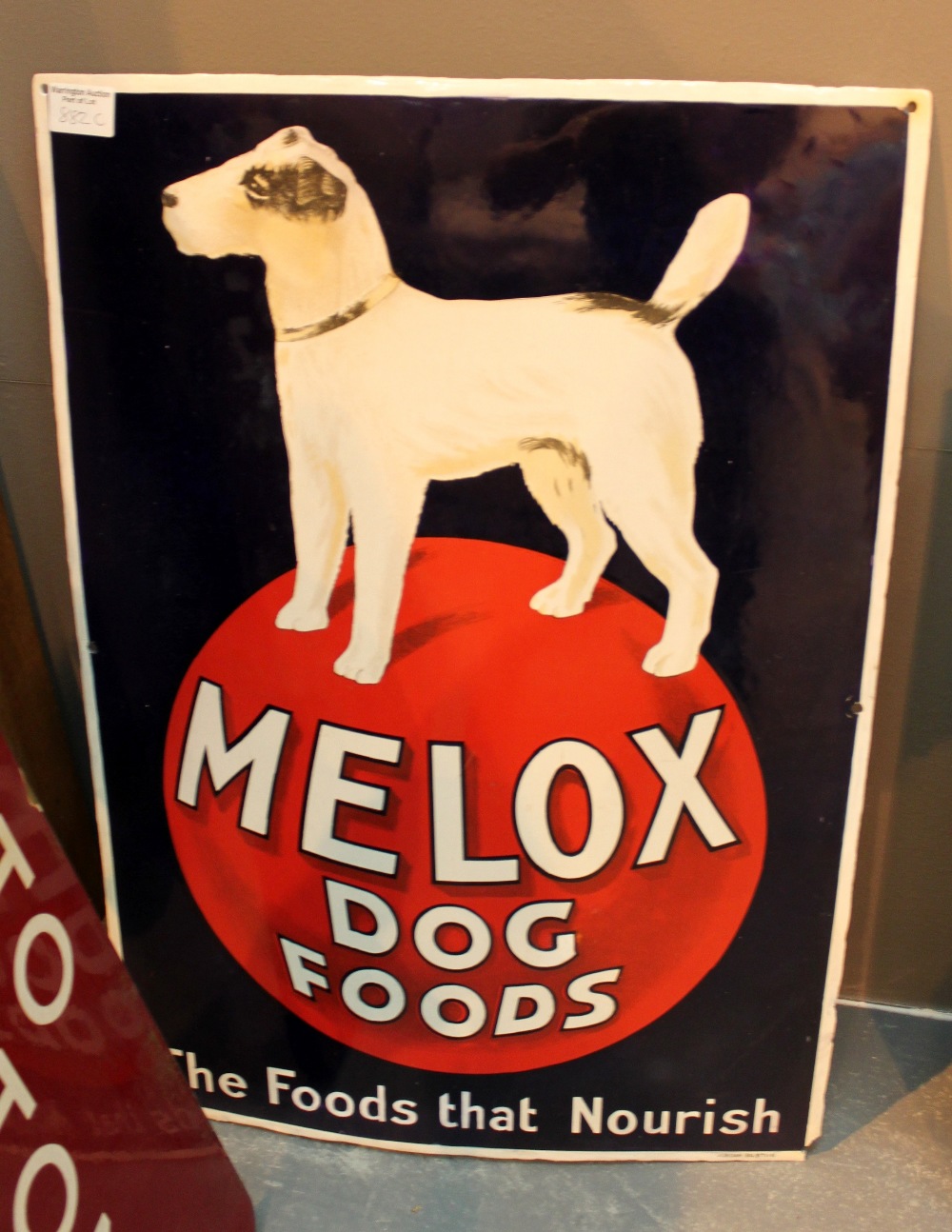 Original Melox dog food enamel depicting dog