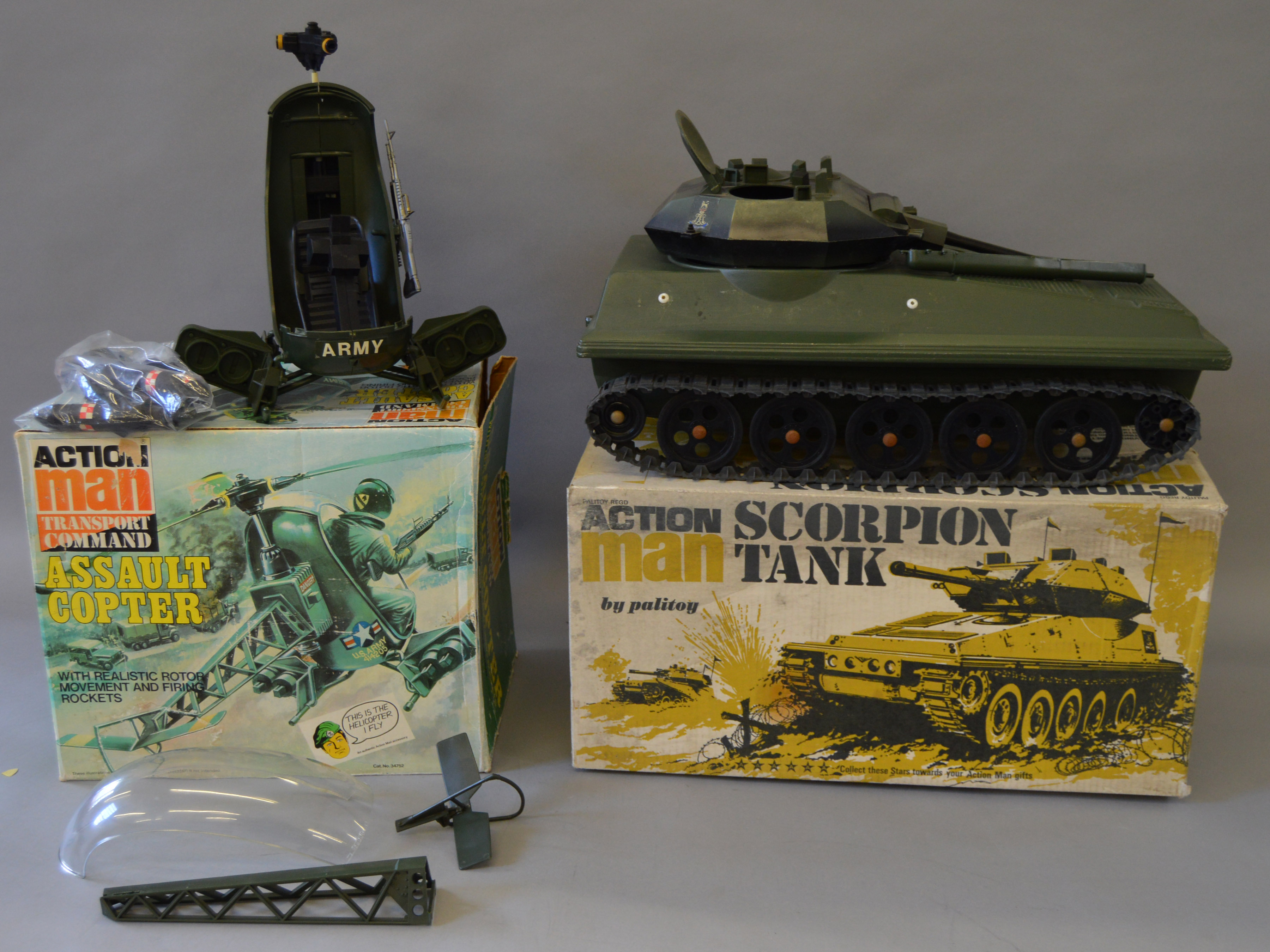 Palitoy Action Man: two Pursuit Craft; Training Tower; Scorpion Tank ...