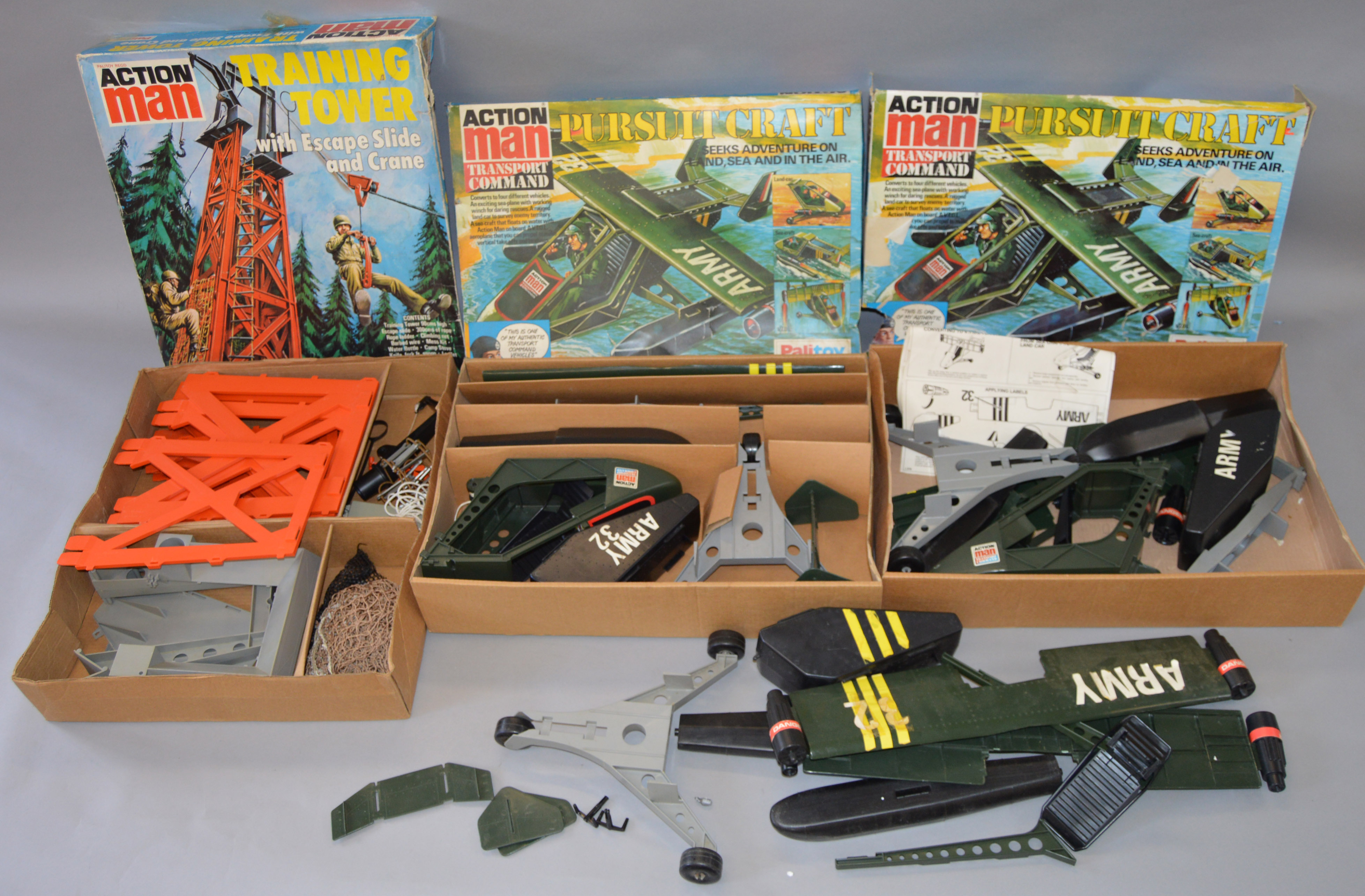 Palitoy Action Man: two Pursuit Craft; Training Tower; Scorpion Tank ...