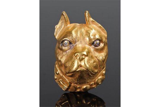 Charming 14 carat gold dog head brooch, the bull dog head with diamond ...