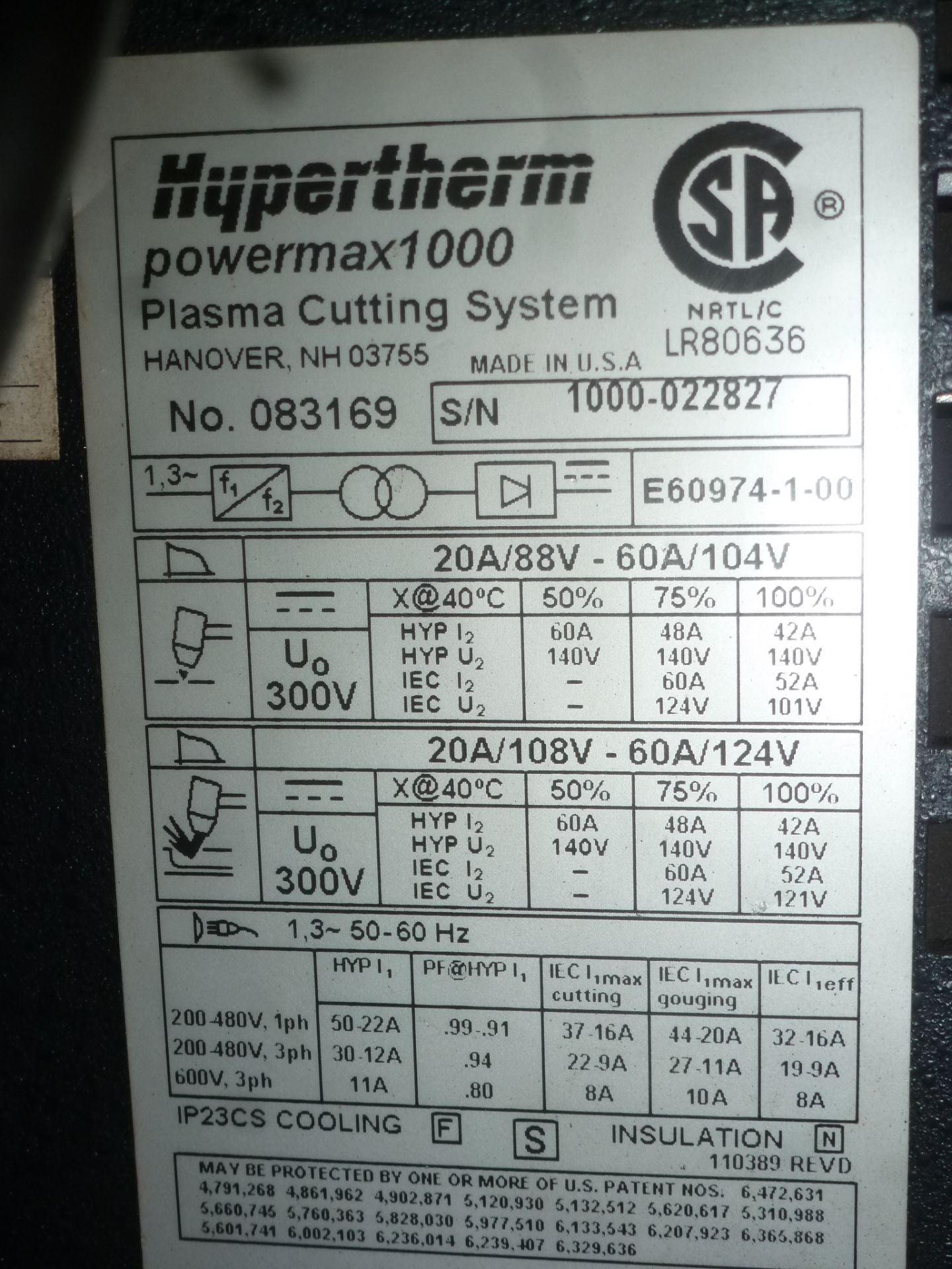 Hypertherm Powermax 1000 Plasma Cutter w/Cart, s/n 1000-022827