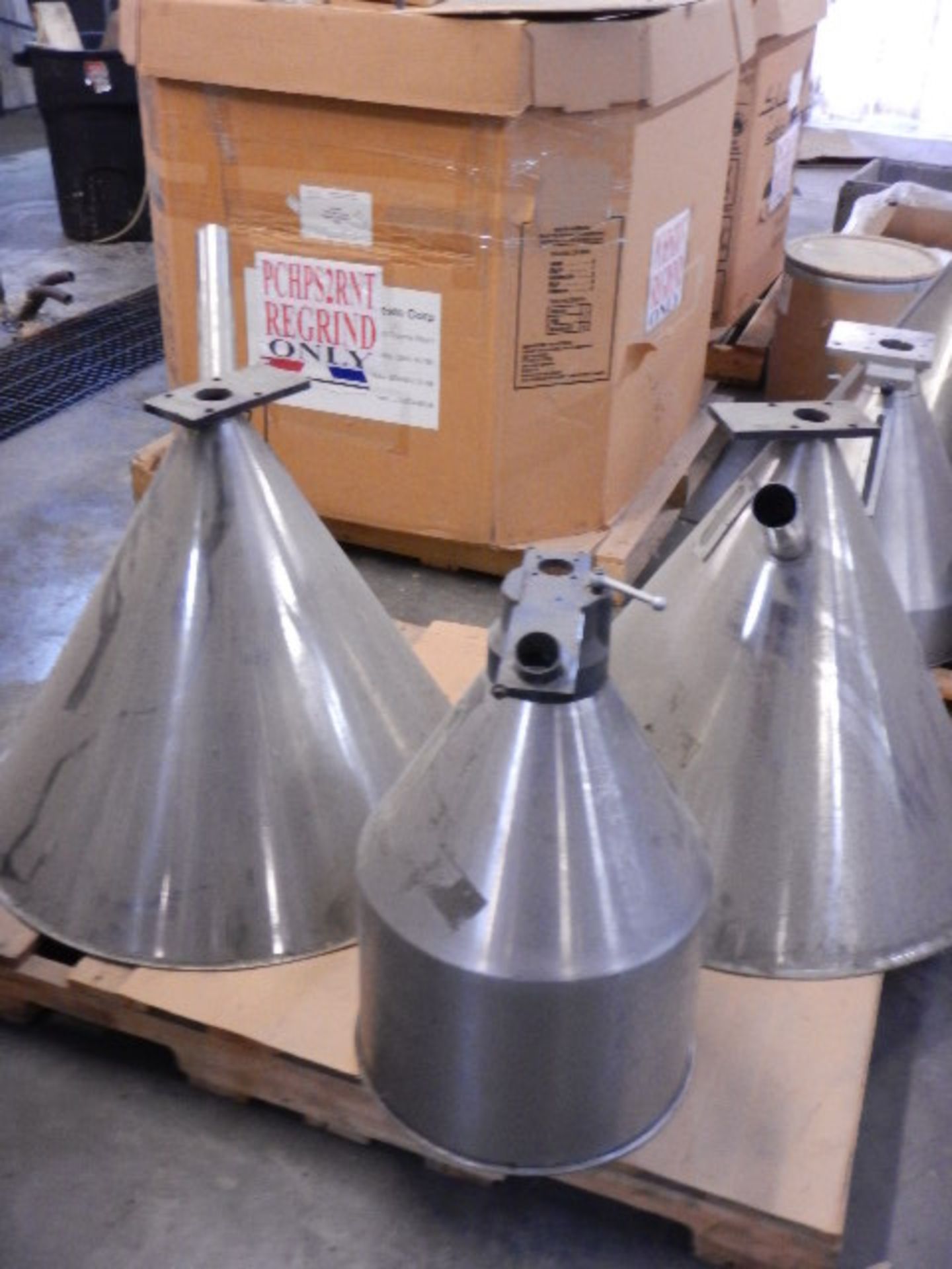Six (6) metal resin hoppers for molding machines