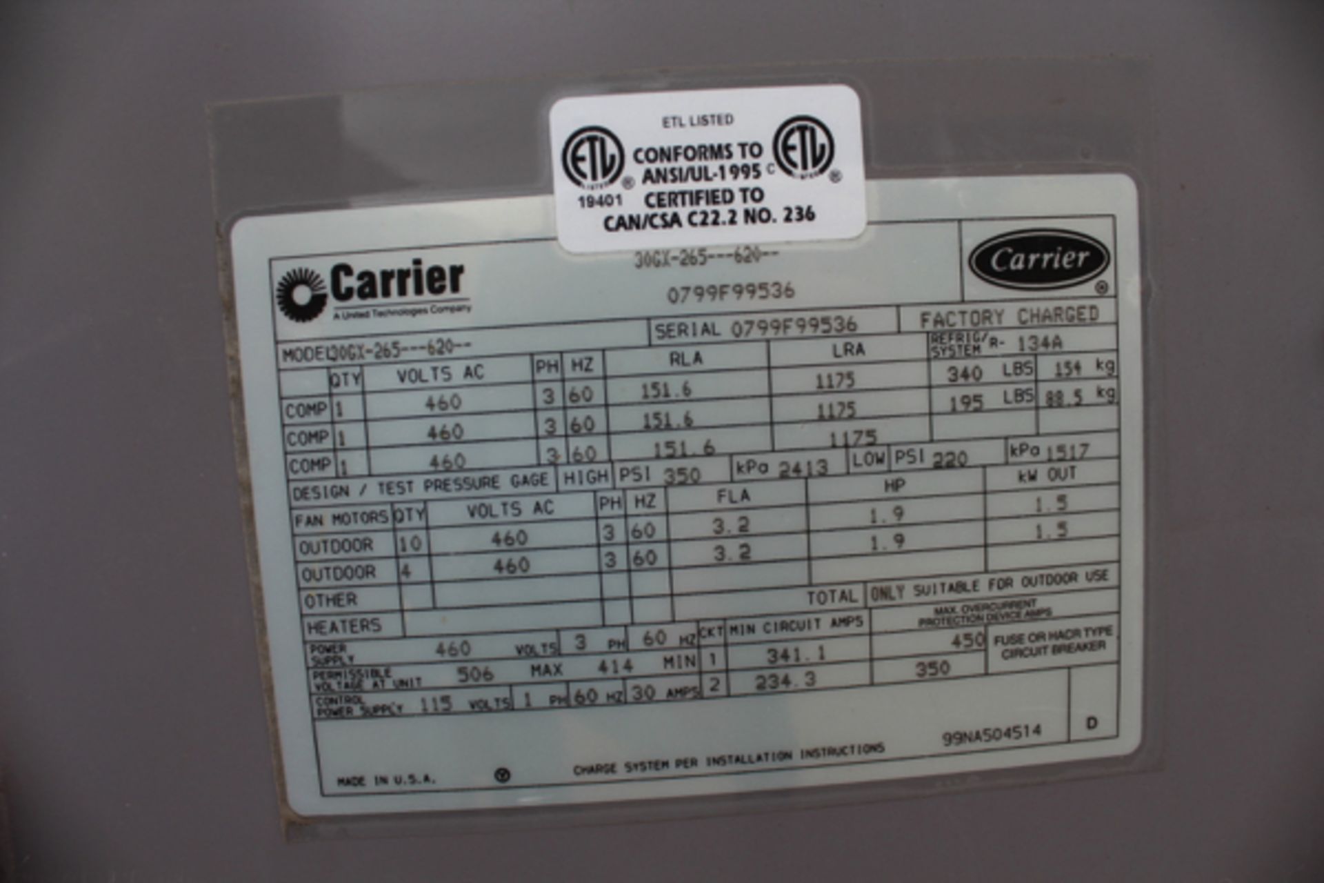 Carrier Ecologic Chiller, M# 30GX-265-620, S/N 0799F99536