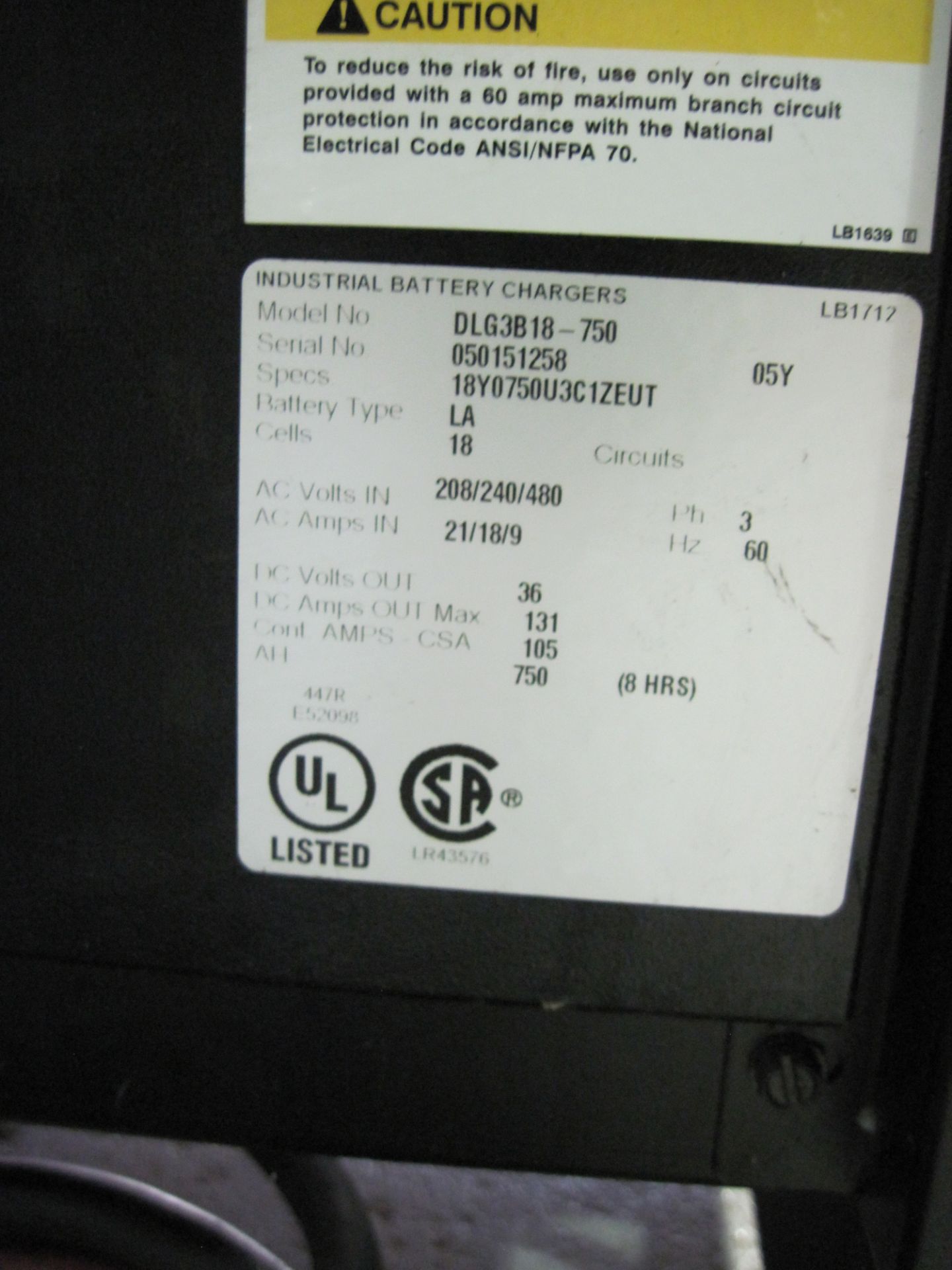 Douglas Legacy Power System Charger for Fork Truck, Model DLG3B18-750 ...