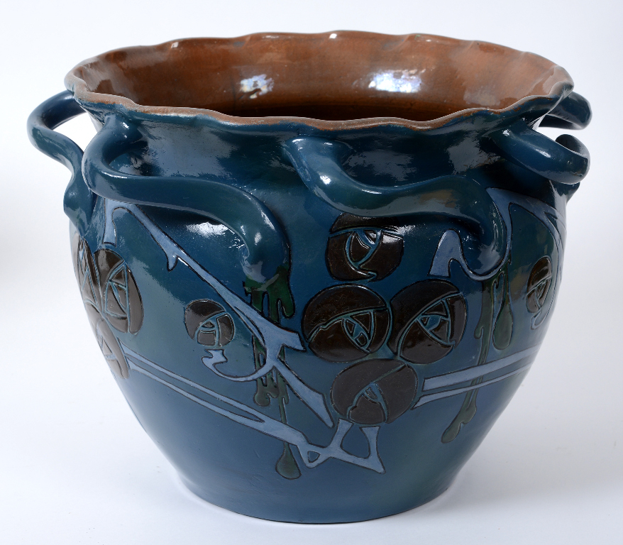 A C H Brannam Barum pottery jardiniere, with loop handles and Art ...