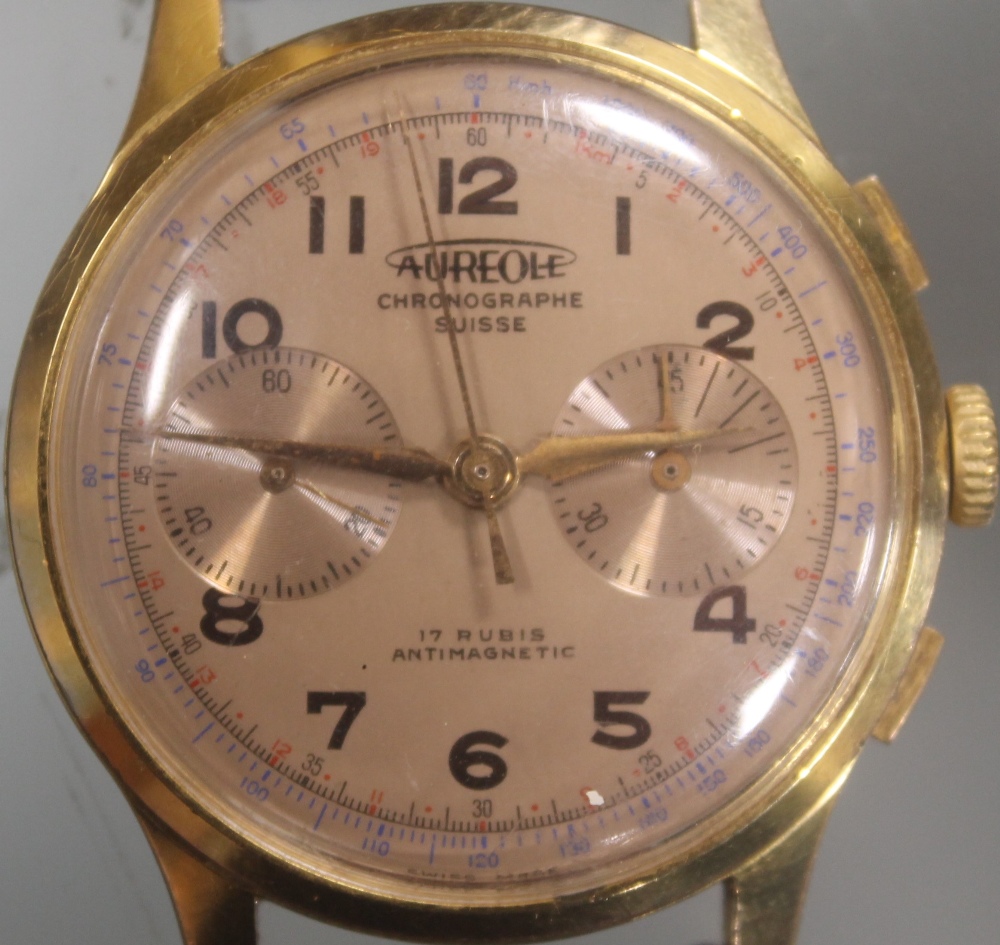 A VINTAGE GENTLEMAN'S 'AUREOLE' CHRONOGRAPH WRISTWATCH, gold plated ...