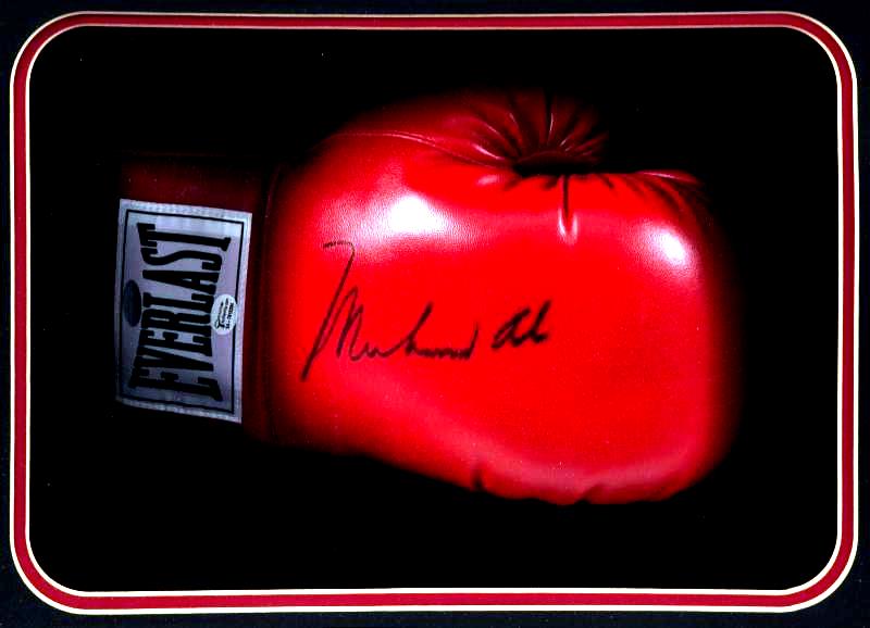 A shadowbox display featuring boxing gloves signed by Muhammad Ali ...