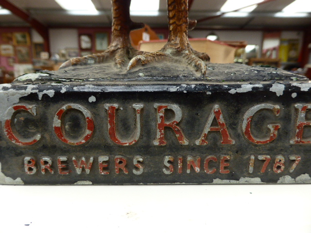 A spelter cockerel Courage Brewery advertising figure.