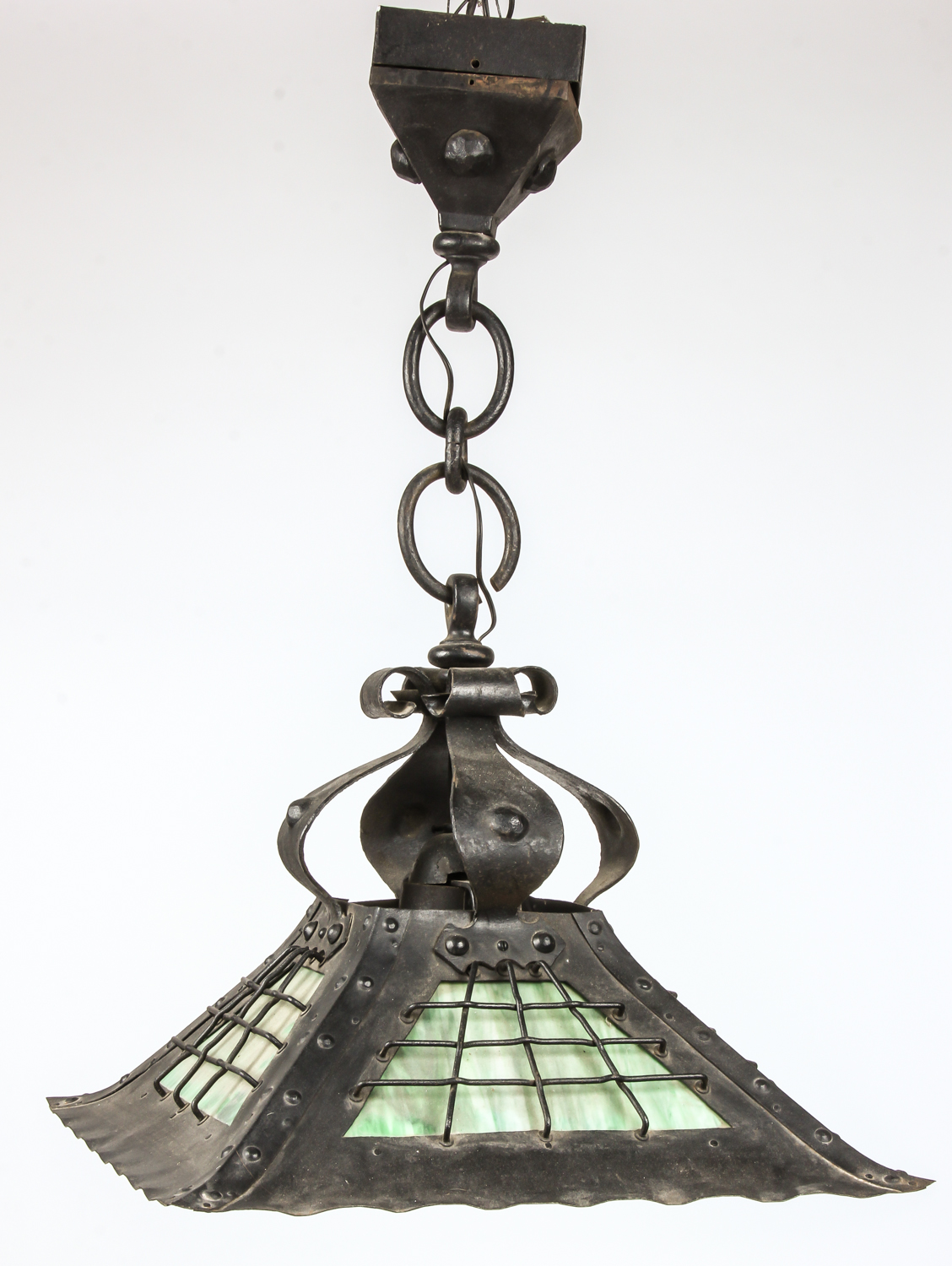 Arts and Crafts Wrought Iron Slag Glass Pendant Fixture. Size: 31" x 21 ...